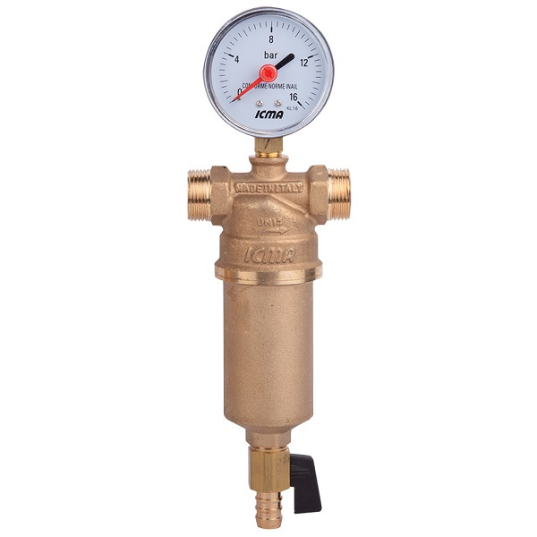 Фильтр самопромывной ICMA 750 DN40 (1.1/2") PN25, 100 мкм, 90 °C, со сливным краном и манометром ...